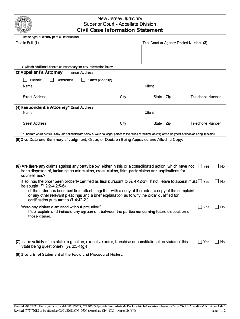 Fillable Online Civil Case Information Statement Form/Formulario de ...