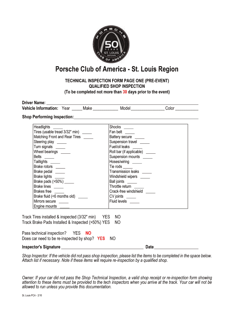 Fillable Online RSR DE Tech Inspection - Rally Sport Region - PCA ...