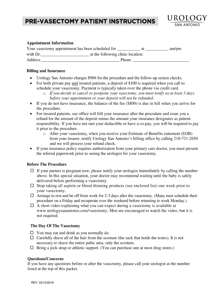 Fillable Online PRE-VASECTOMY PATIENT INSTRUCTIONS Fax Email Print ...
