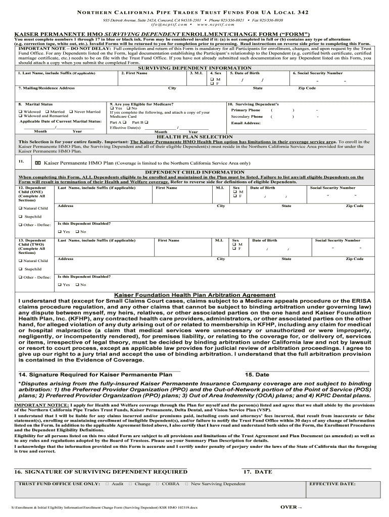 Fillable Online Enrollment Change Form (Surviving Dependent ... - ua342.org Fax Email Print ...