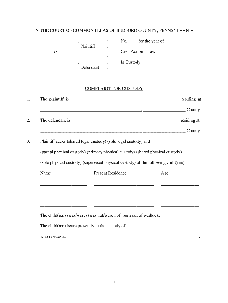 Fillable Online Complaint for Custody with Confidential Address - Your ...