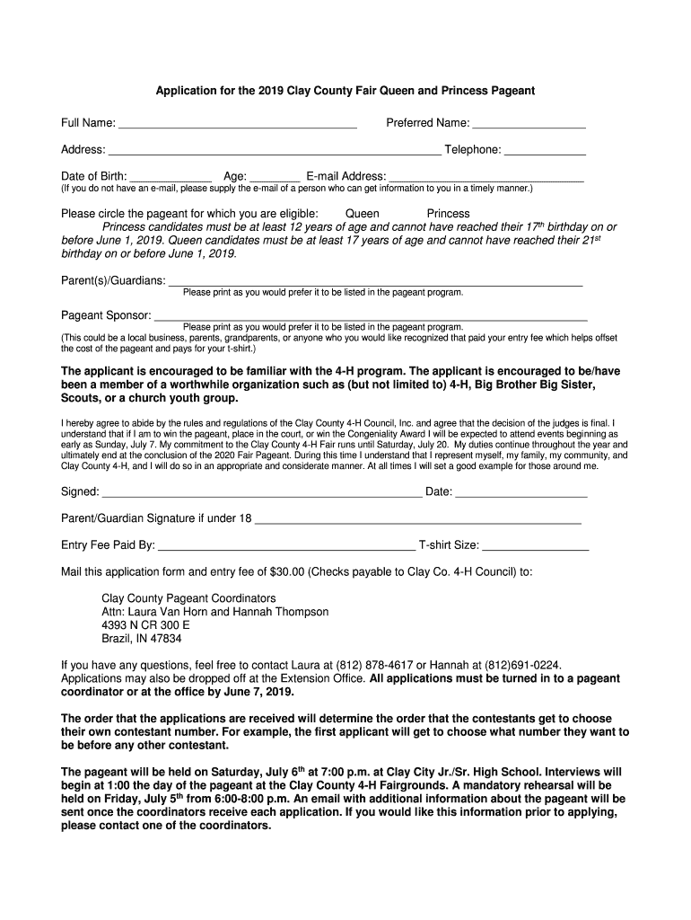 Fillable Online Application for the 2019 Clay County Fair Queen and ...