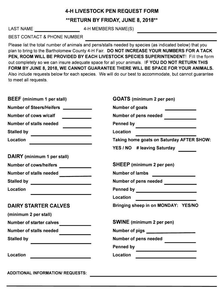 Fillable Online 4 H LIVESTOCK PEN REQUEST FORM **RETURN BY FRIDAY, Fax ...
