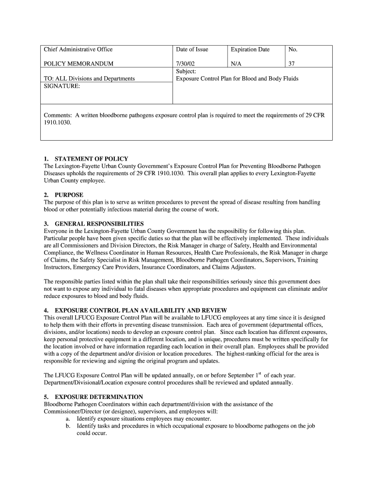 Fillable Online Exposure Control Plan for Blood and Body Fluids Fax ...