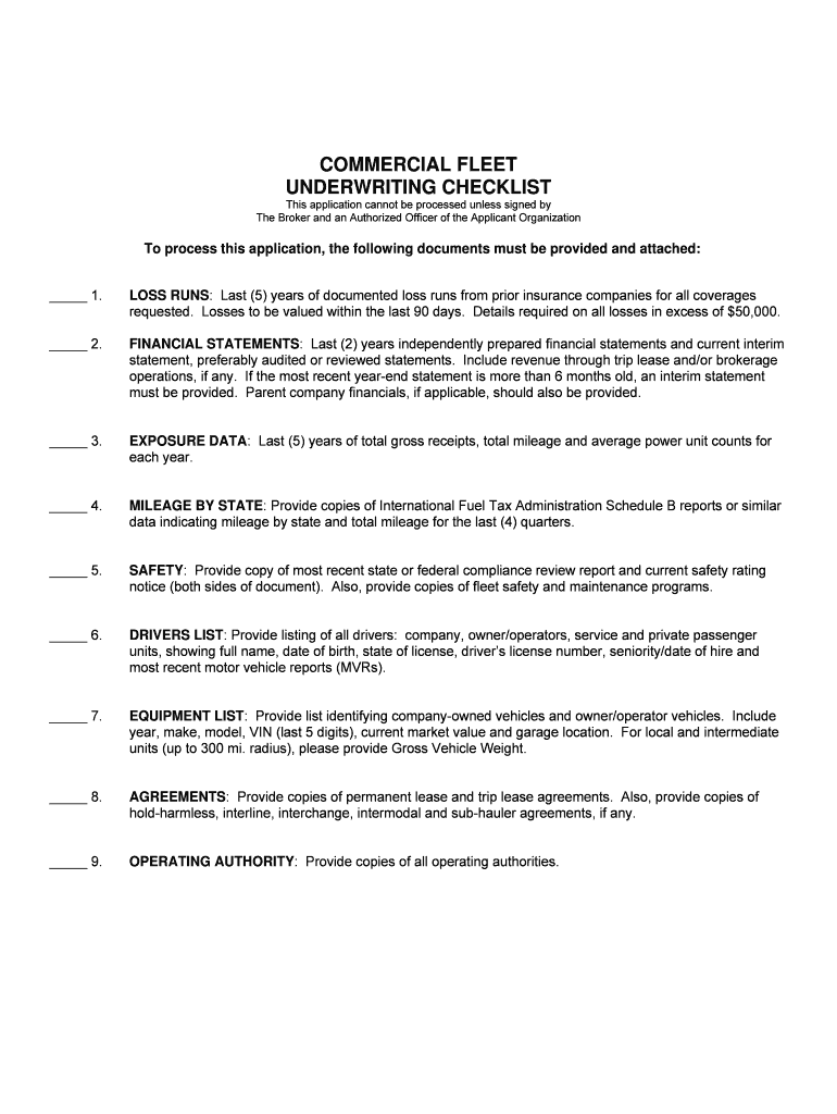 Fillable Online COMMERCIAL FLEET UNDERWRITING CHECKLIST Fax Email Print ...