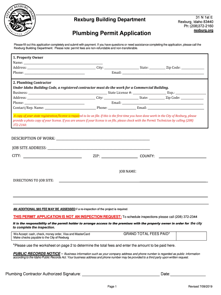 Fillable Online Plumbing Permit Application - City of Rexburg Fax Email ...