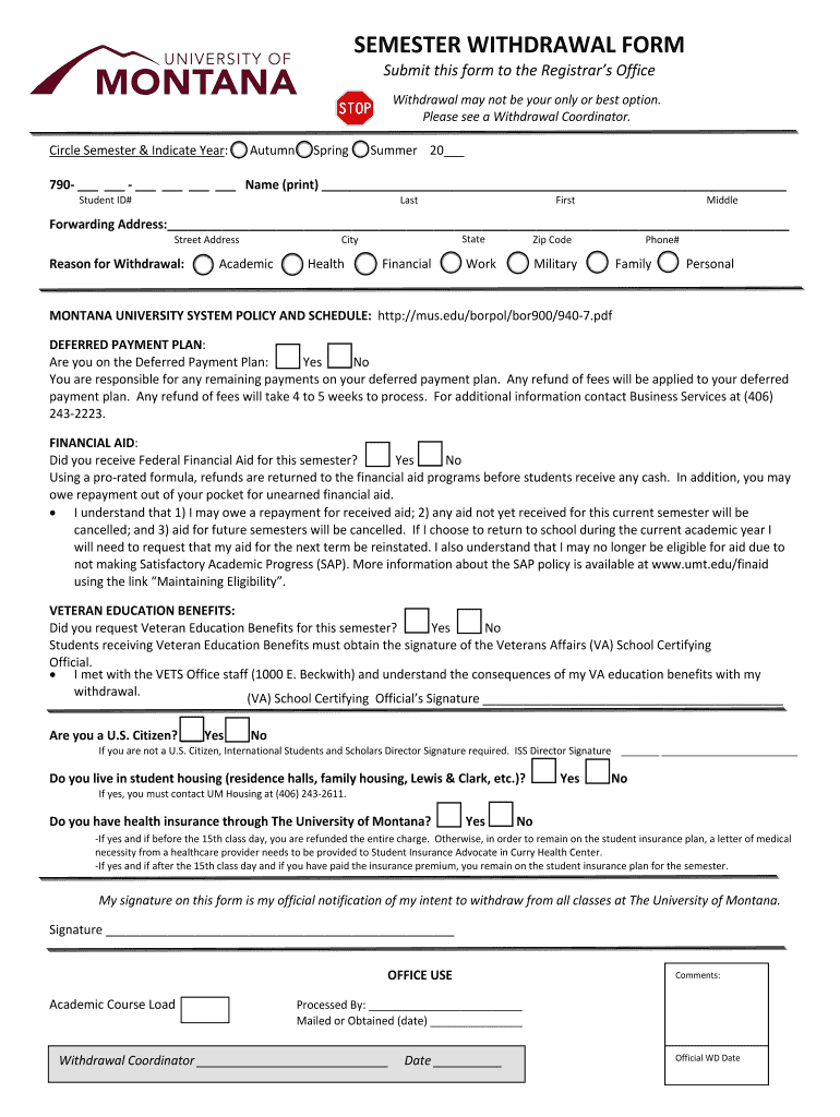 Fillable Online SEMESTER WITHDRAWAL FORM Fax Email Print - pdfFiller
