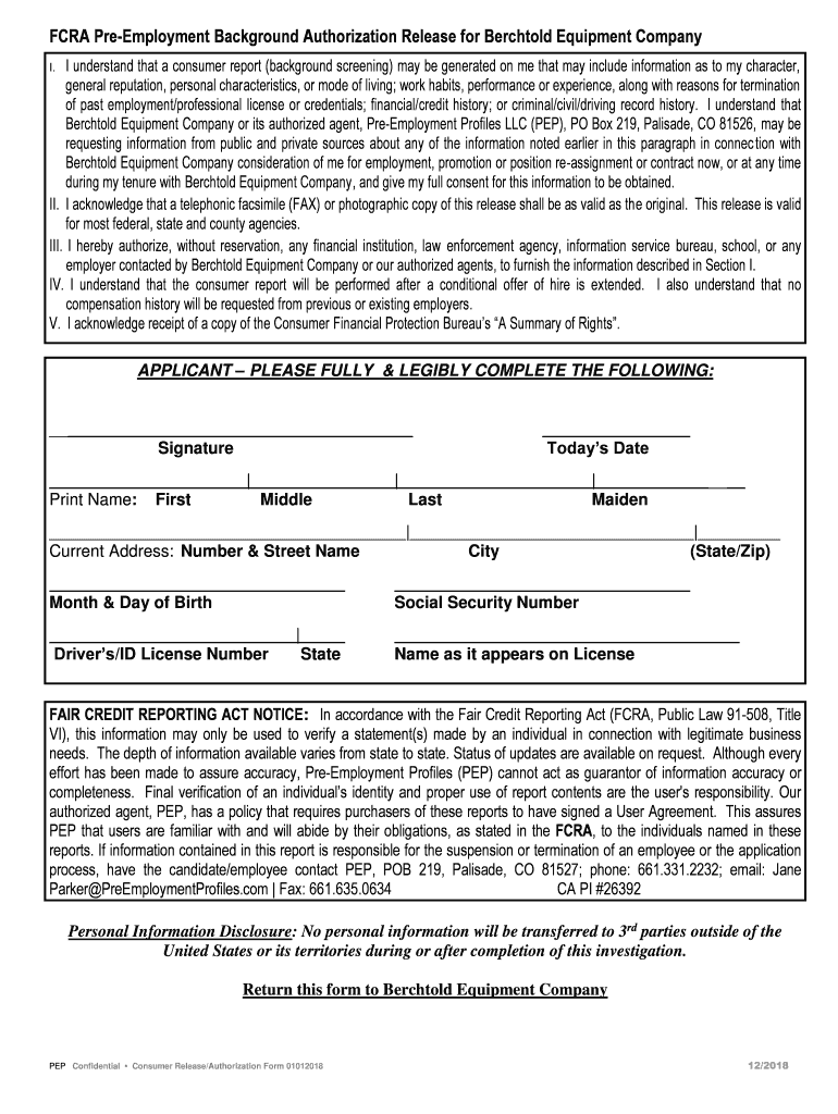 Fillable Online FCRA Pre-Employment Background Authorization Release ...