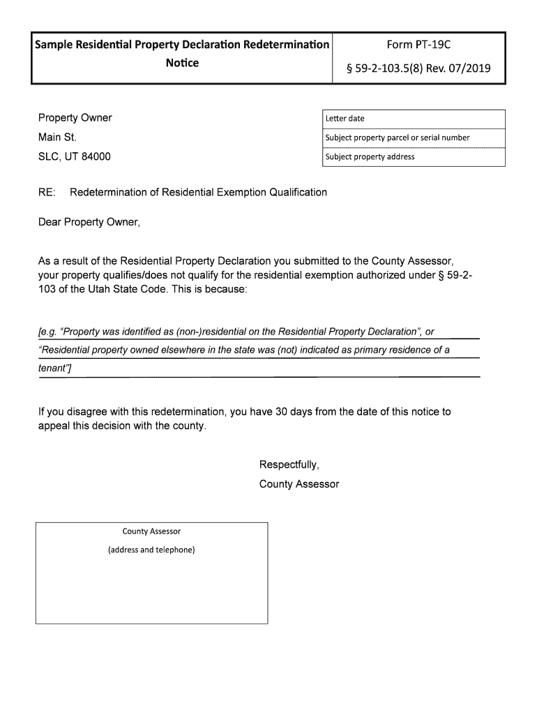 Fillable Online propertytax utah PT-19C, Sample Residential Property ...
