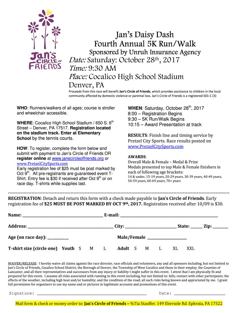 Fillable Online Jan's Daisy Dash 5k Run/WalkPretzel City Sports Fax ...