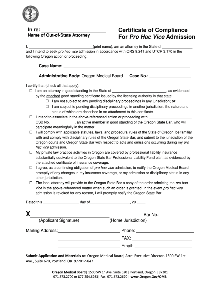 Fillable Online In re: Certificate of Compliance For Pro Hac Vice ...
