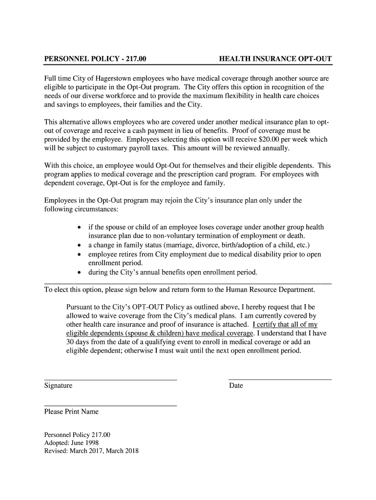 Fillable Online 217.00 HEALTH INSURANCE OPT-OUT Full time City of ...