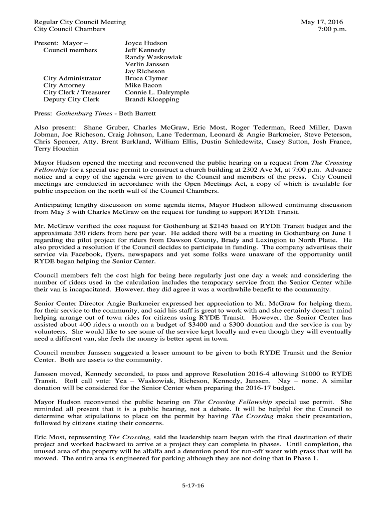 Fillable Online Also present: Shane Gruber, Charles McGraw, Eric Most ...