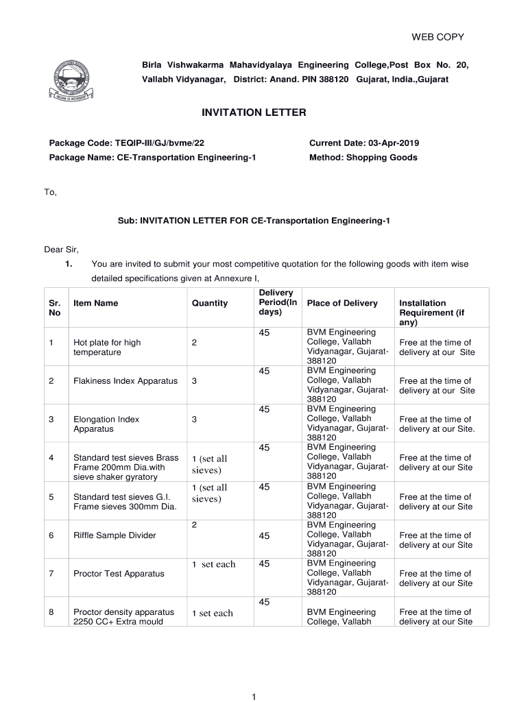 Fillable Online bvmengineering ac INVITATION LETTER 1 (set all sieves ...
