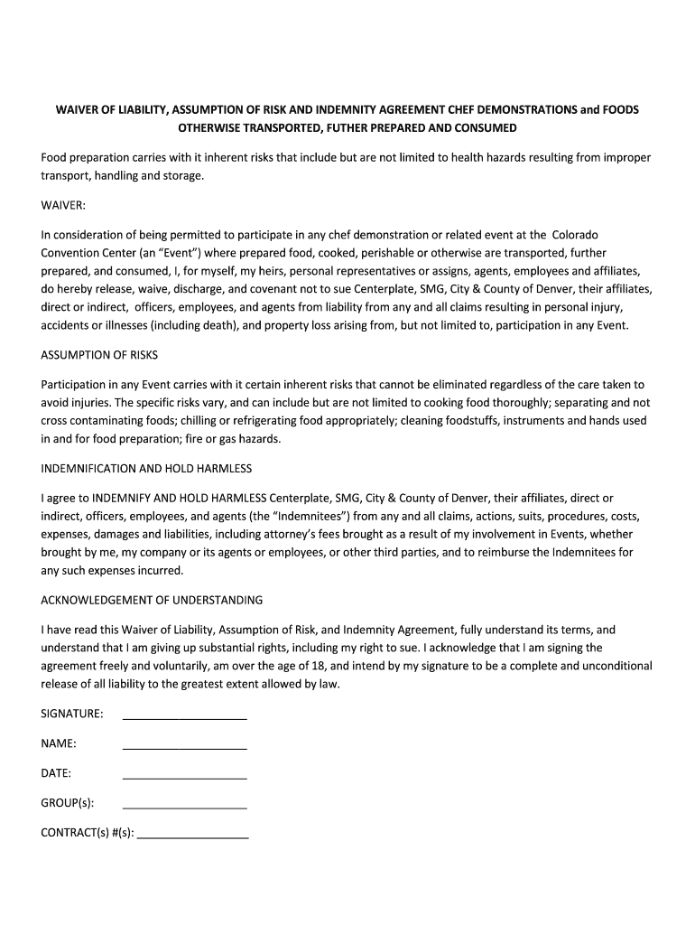 Fillable Online WAIVER OF LIABILITY, ASSUMPTION OF RISK AND INDEMNITY ...