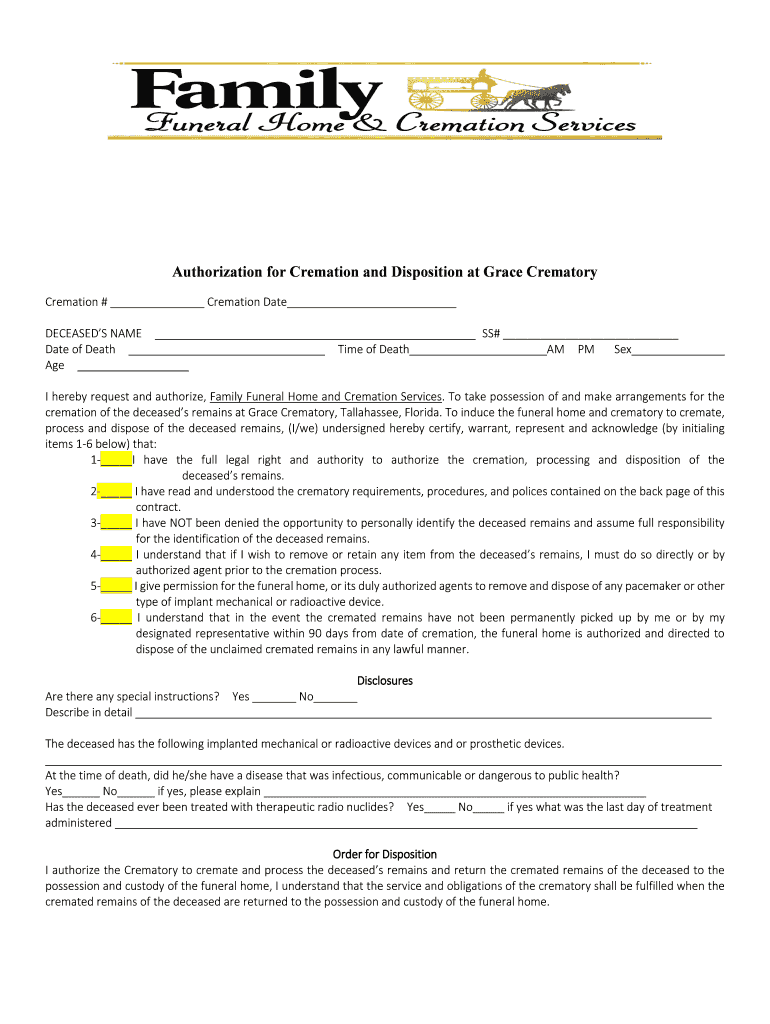 Fillable Online authorization for cremation and disposition - Ohio ...