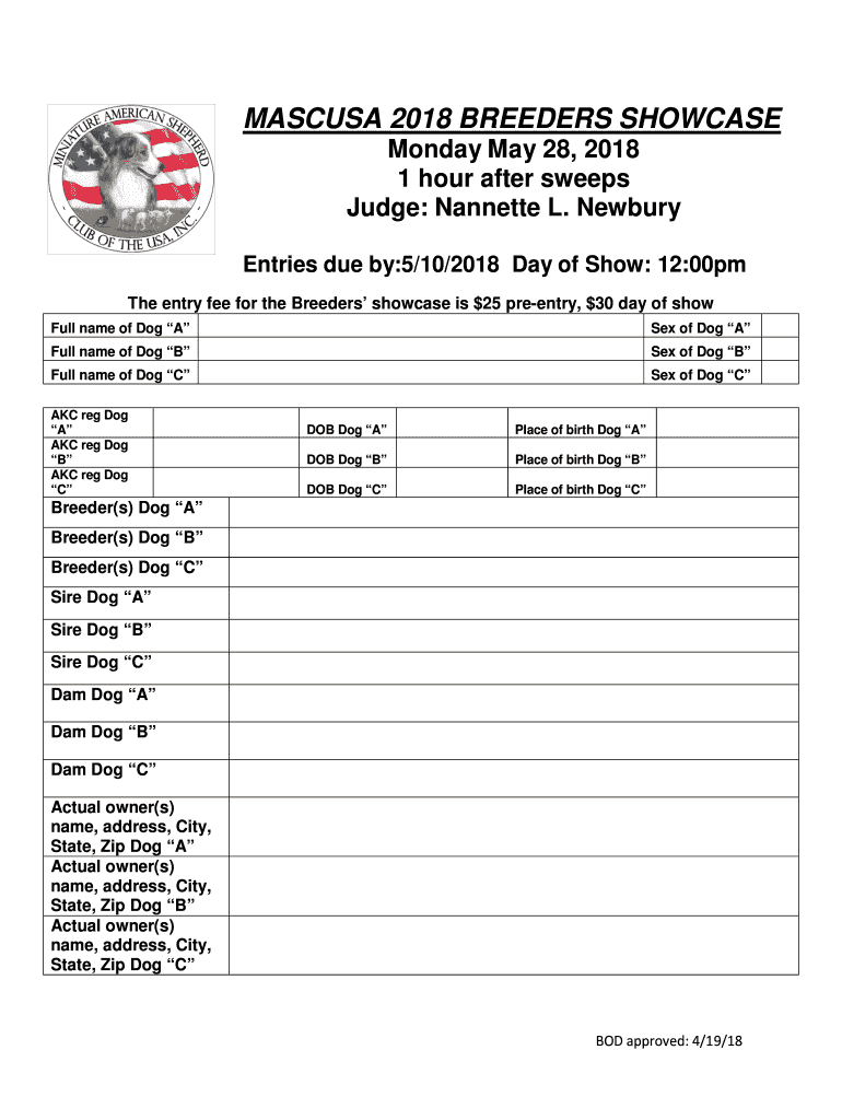 Fillable Online MASCUSA Nationals 2018 Breeders Showcase Entry Form Fax Email Print - pdfFiller