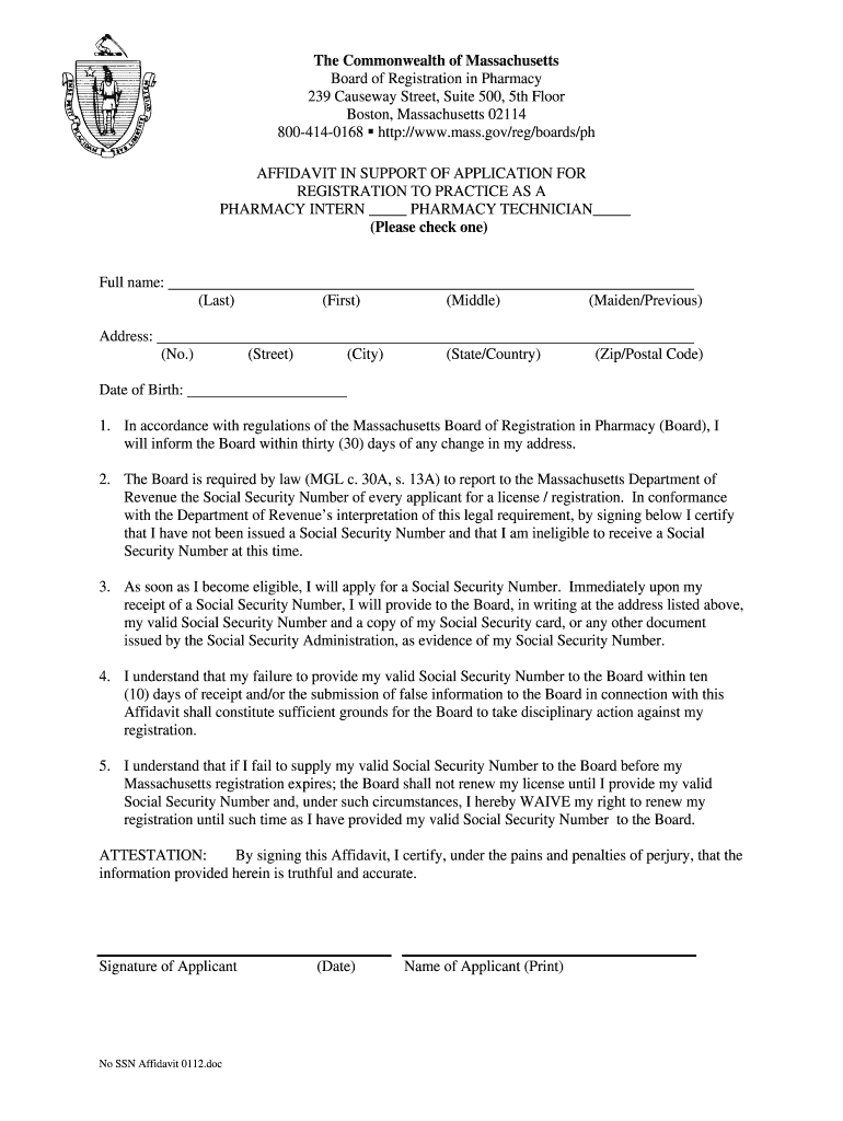 Fillable Online NO SSN Affidavit 0112.doc Fax Email Print - pdfFiller
