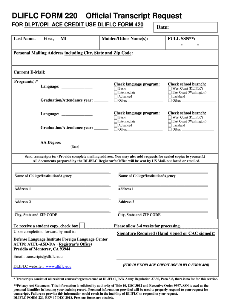 Fillable Online FOR DLPT/OPI ACE CREDIT USE DLIFLC FORM 420 Fax Email ...