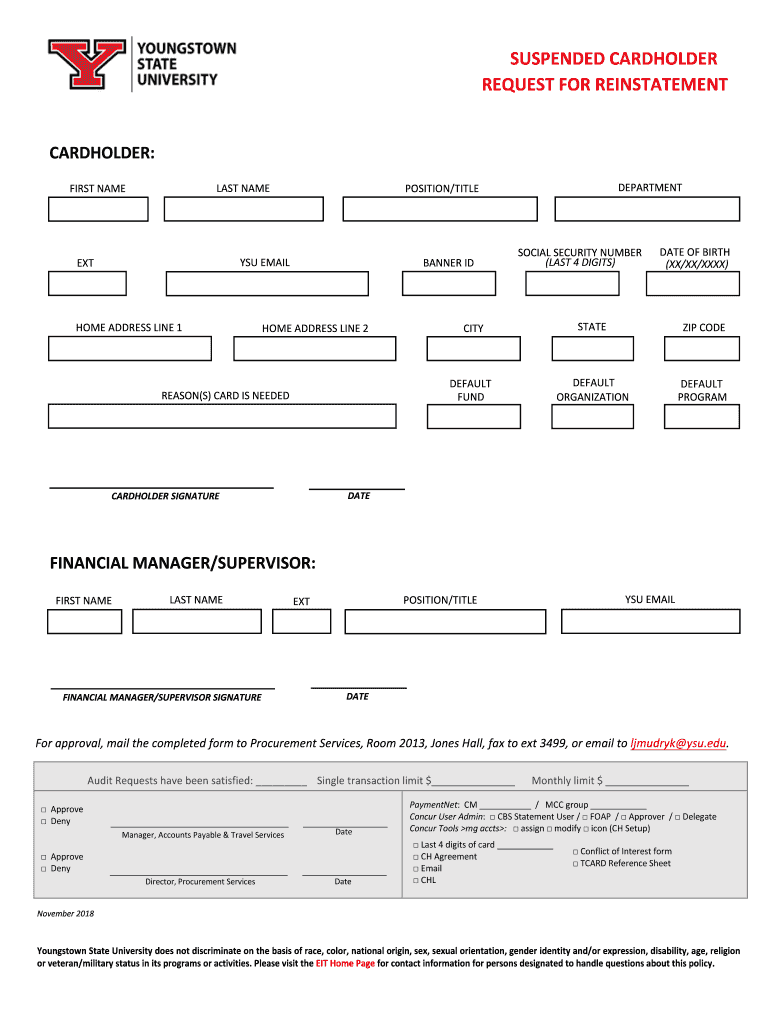 Fillable Online cms ysu Suspended Cardholder Request for Reinstatement Fax Email Print - pdfFiller