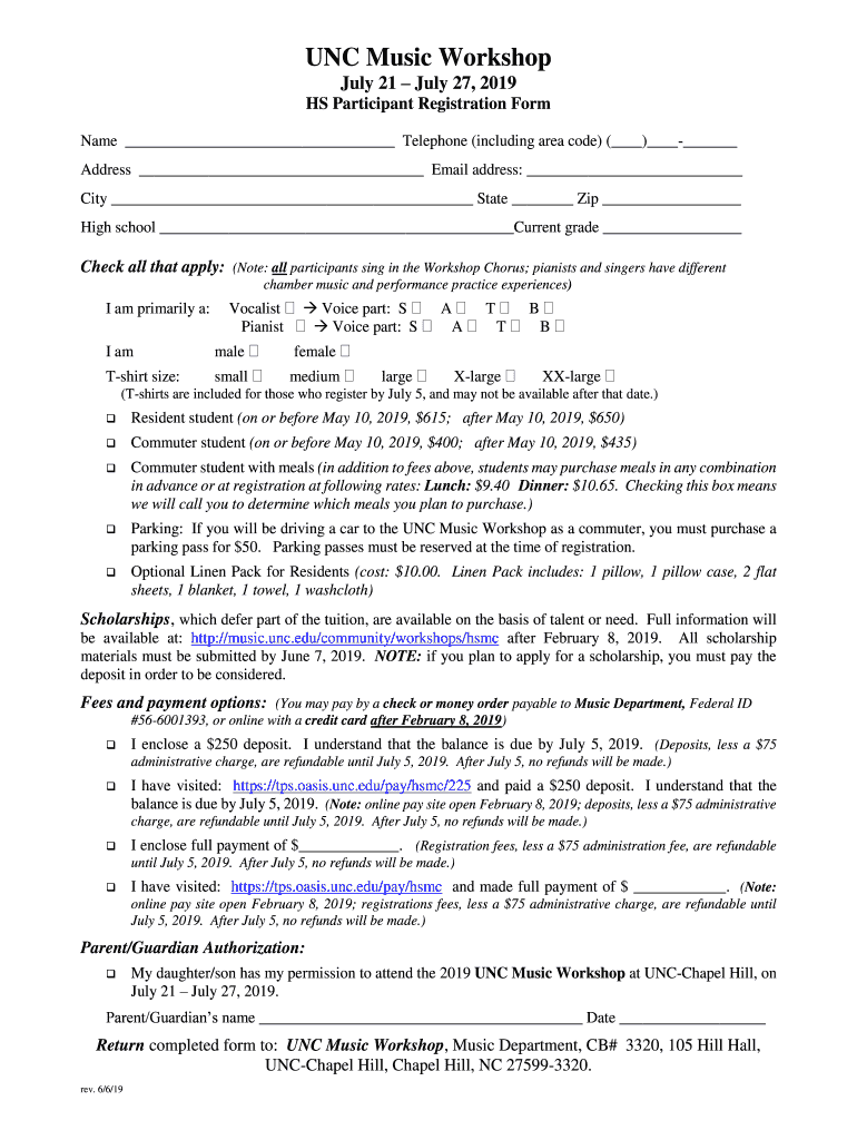 Fillable Online music unc UNC Music Workshop HS Participant ...