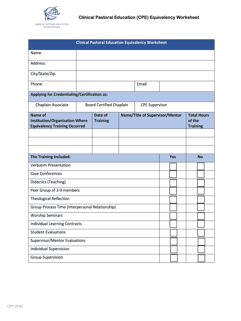 Fillable Online Clinical Pastoral Education (CPE) Equivalency Worksheet ...