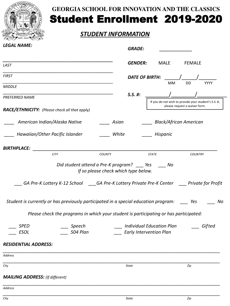 Fillable Online 2019-2020 Enrollment Packet - Georgia School for ...