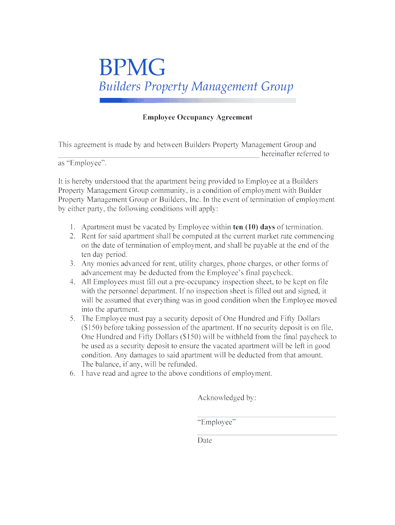 Fillable Online Employee Occupancy Agreement This agreement is made by ...