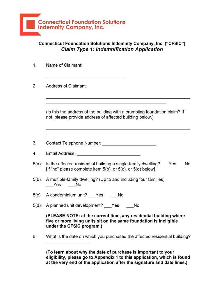 Fillable Online Claim Type 1: Indemnification Application - Connecticut ...