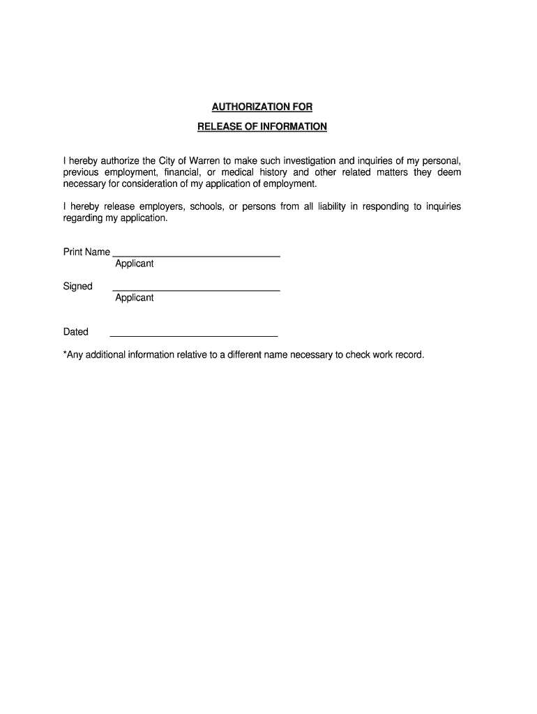 Fillable Online AUTHORIZATION FOR RELEASE OF INFORMATION I, , as an ...