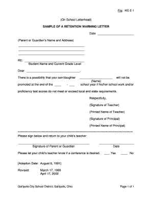 Fillable Online SAMPLE OF A RETENTION WARNING LETTER Date Fax Email ...