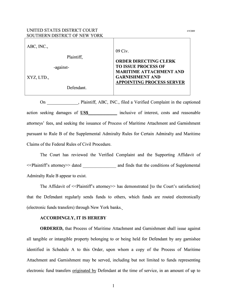 Fillable Online Model Maritime Attachment Order - Southern District of ...
