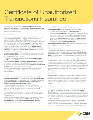 Fillable Online Certificate of Unauthorised Transactions Insurance ...
