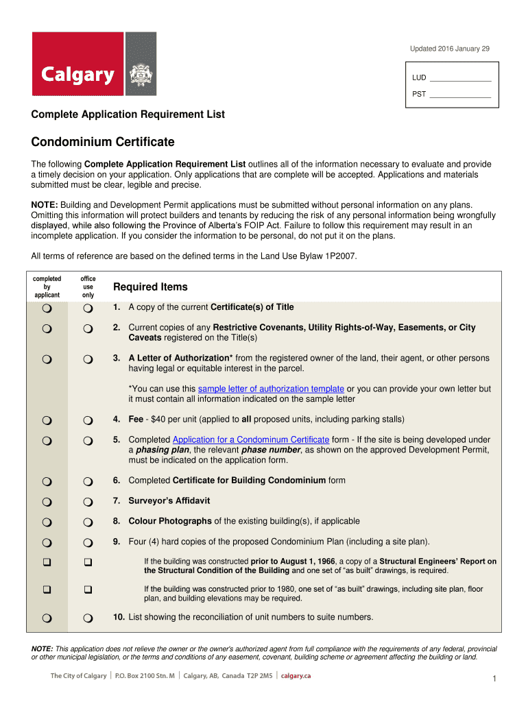 Fillable Online Condominium Certificate - Submission Requirement List ...
