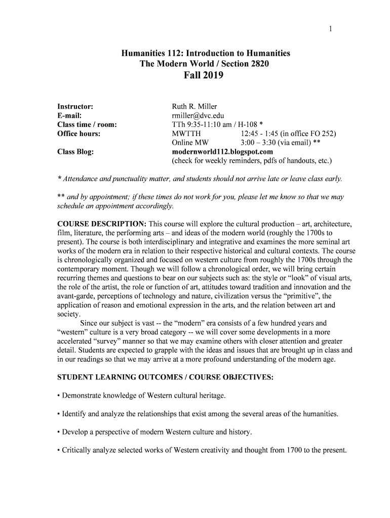 Fillable Online Humanities 112: Introduction to Humanities The Modern ...