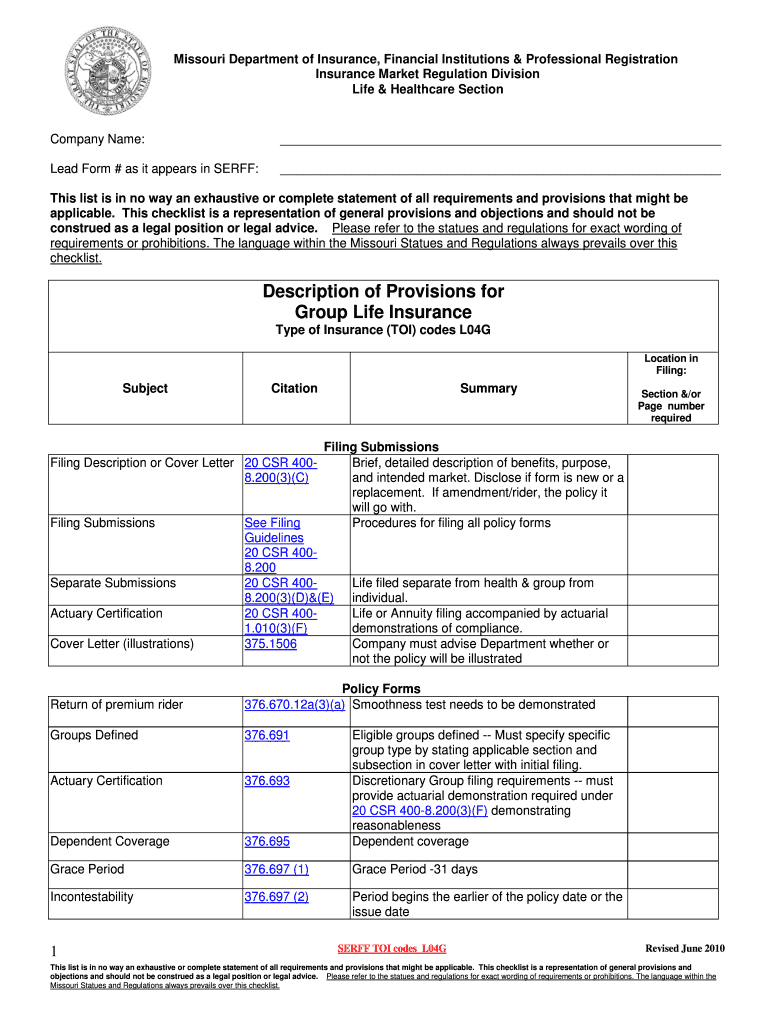 Fillable Online insurance mo Checklist for group life insurance Fax ...