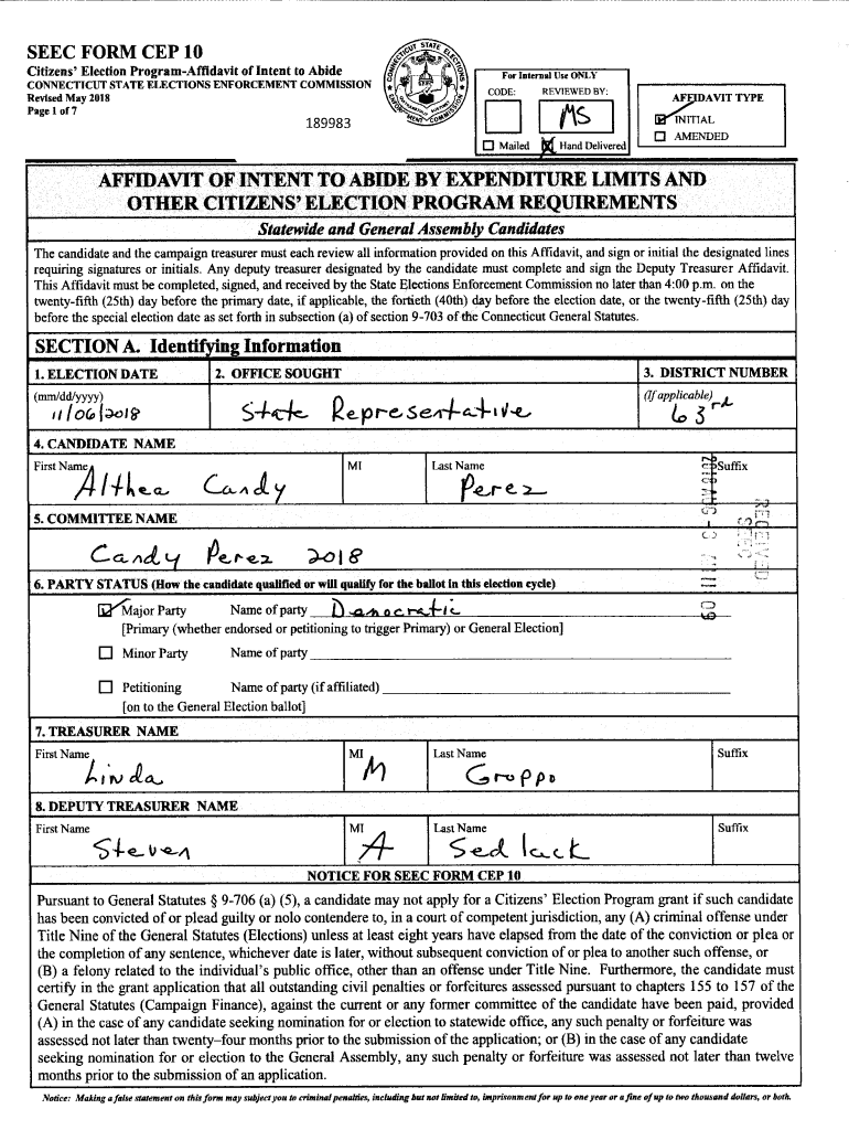 Fillable Online seec ct seec form cep 10 affidavit of intent t abide by ...