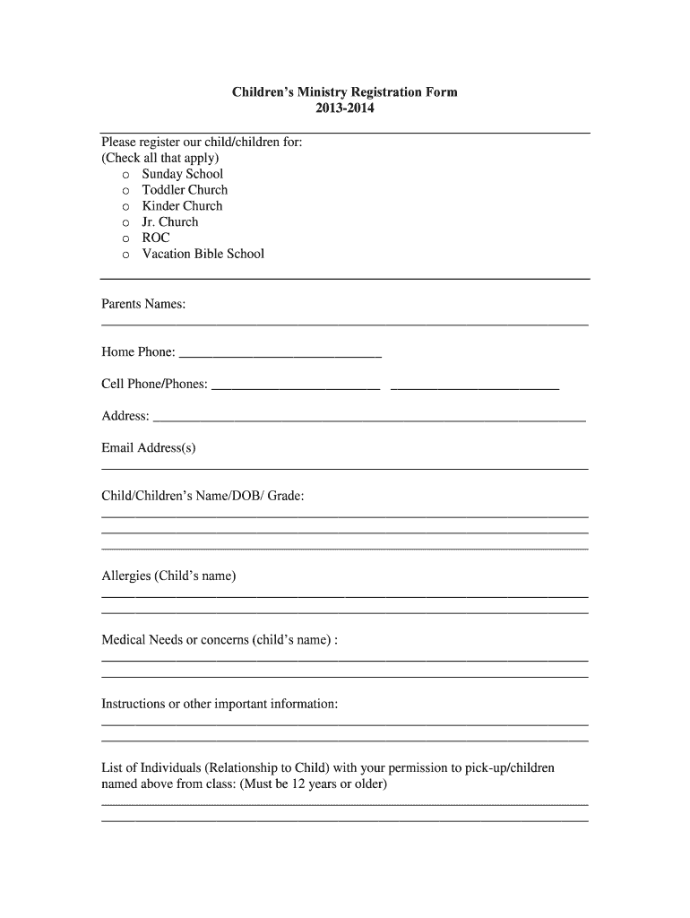 Fillable Online Children's Ministry Registration Form 2013-2014 Please ...