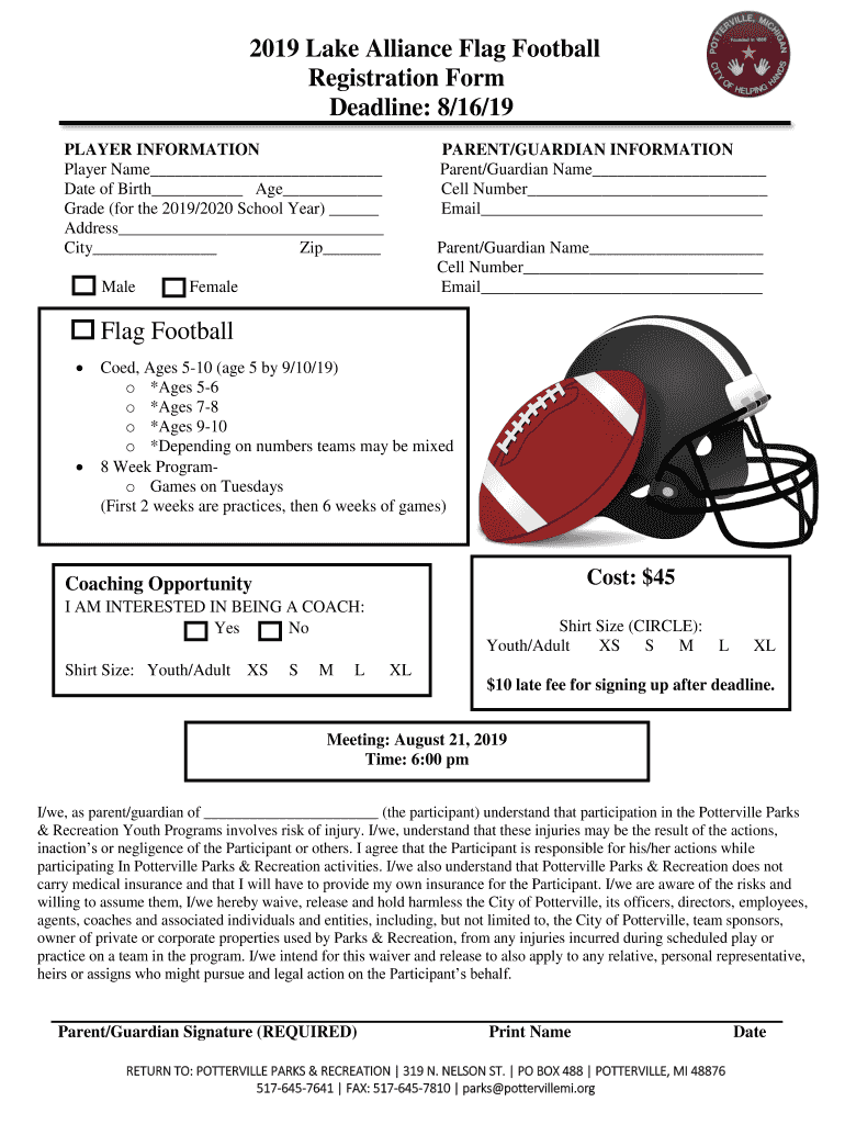 Fillable Online 2019 Lake Alliance Flag Football Registration Form ...