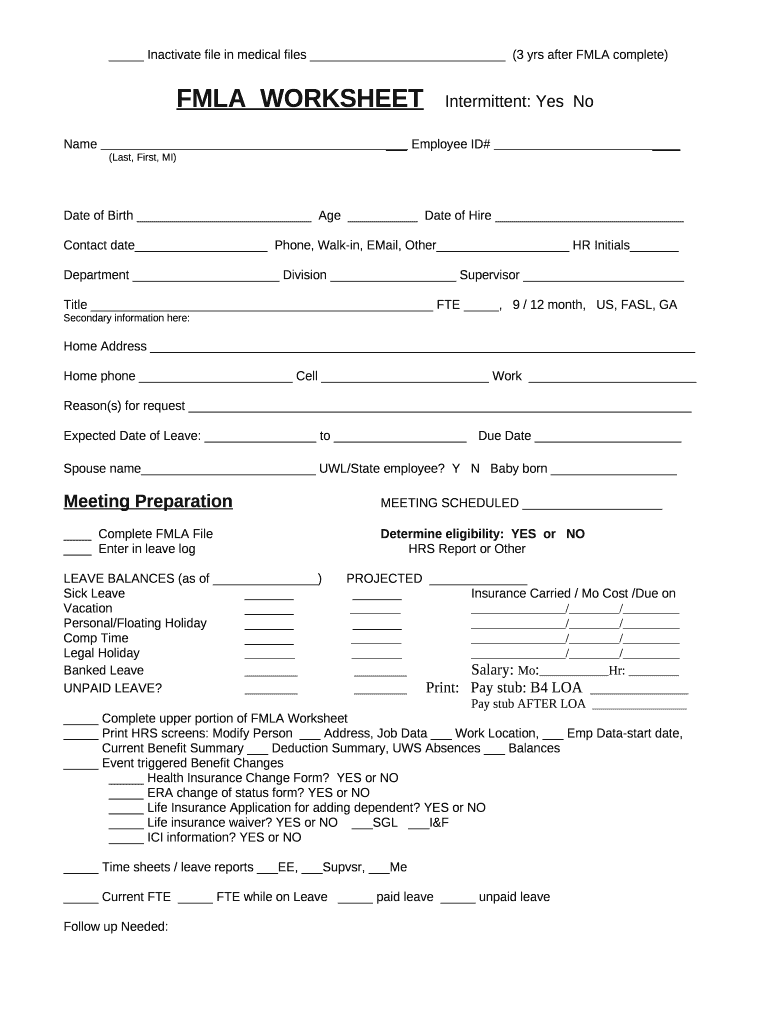 FMLA WORKSHEET - wisconsin.edu Doc Template | pdfFiller
