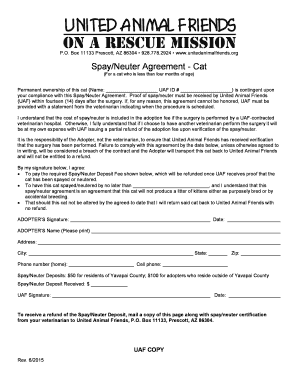 Fillable Online Cat Spay / Neuter Agreement - United Animal Friends Fax ...