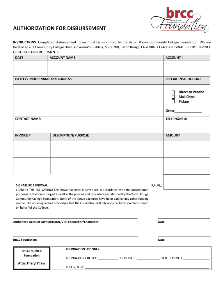 Fillable Online AUTHORIZATION FOR DISBURSEMENT Fax Email Print - pdfFiller