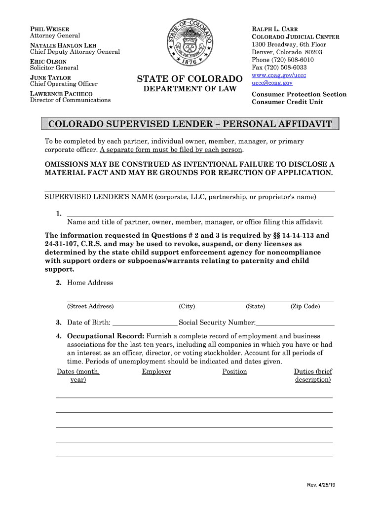 Fillable Online COLORADO SUPERVISED LENDER PERSONAL AFFIDAVIT Fax Email ...