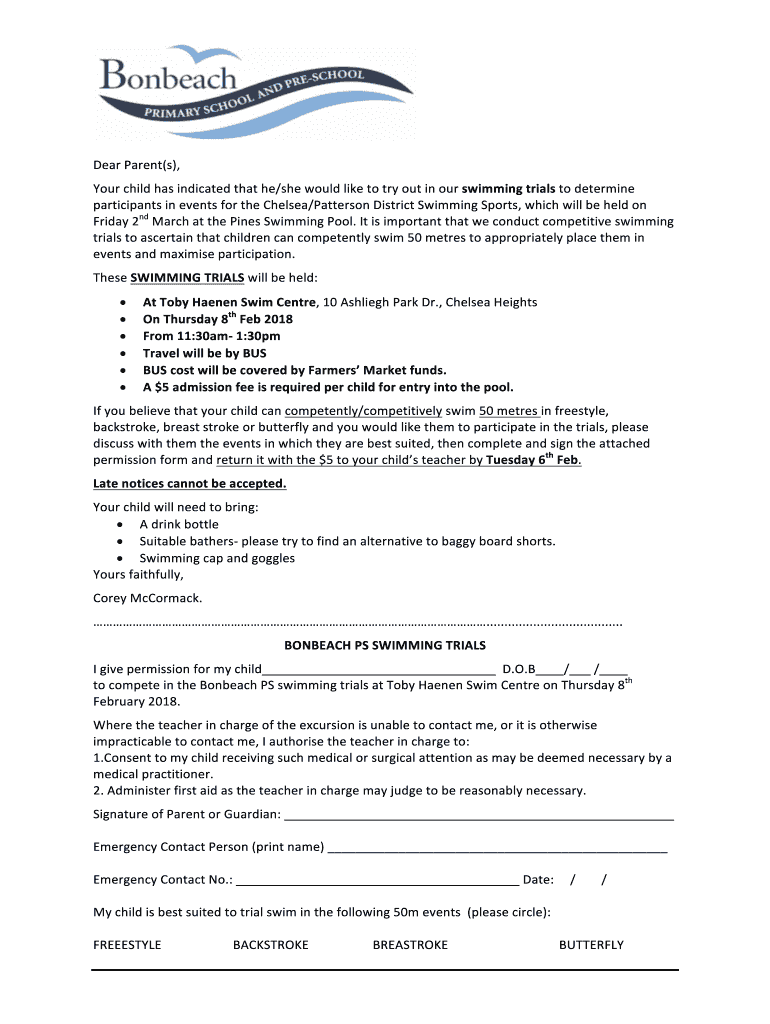 Fillable Online Swim Trials permission letter 20188 Fax Email Print ...