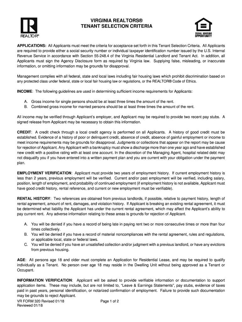 Fillable Online Virginia REALTORS Form 320 - Resident Selection ...