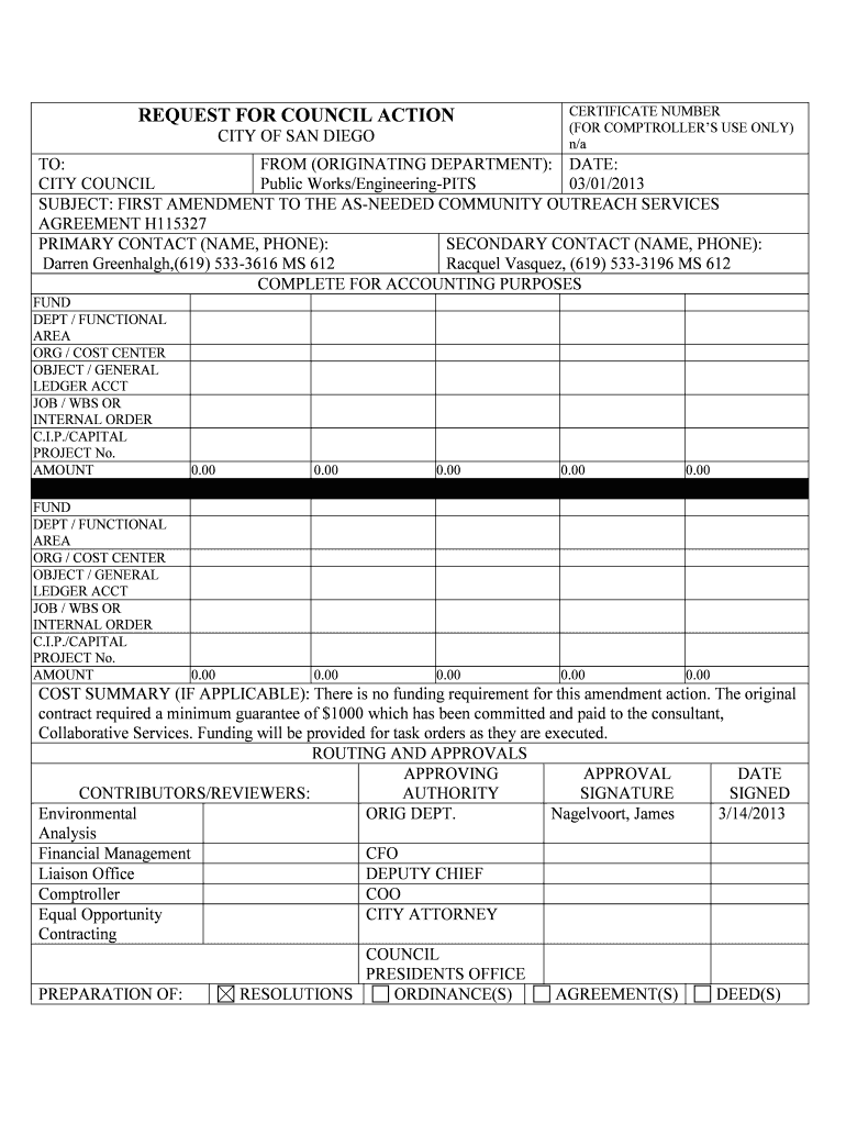 Fillable Online docs sandiego REQUEST FOR COUNCIL ACTION CERTIFICATE NUMBER S USE ONLY) Fax ...