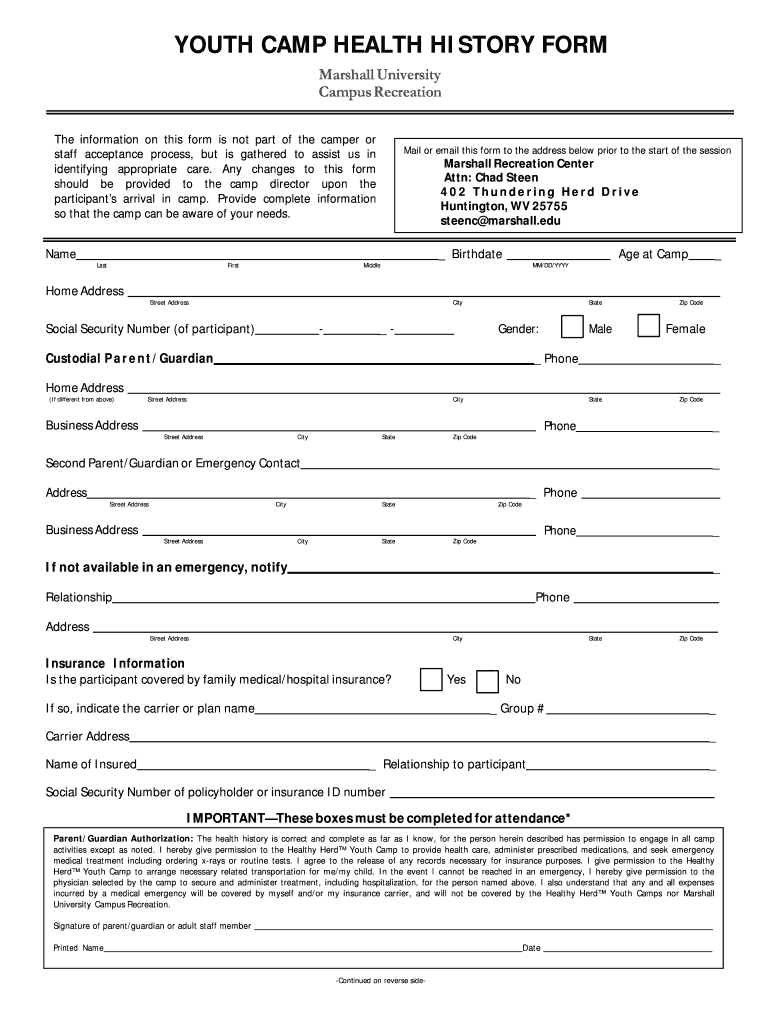 Fillable Online youth camp health history form - Marshall University ...