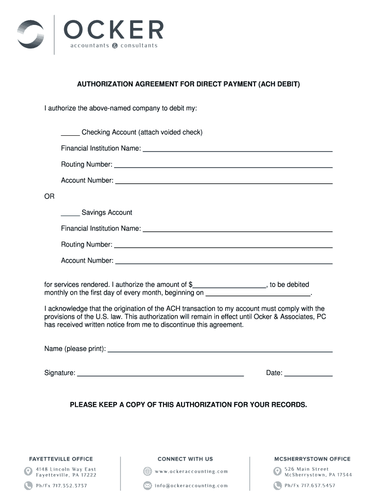 Fillable Online AUTHORIZATION AGREEMENT FOR DIRECT PAYMENT ... Fax ...