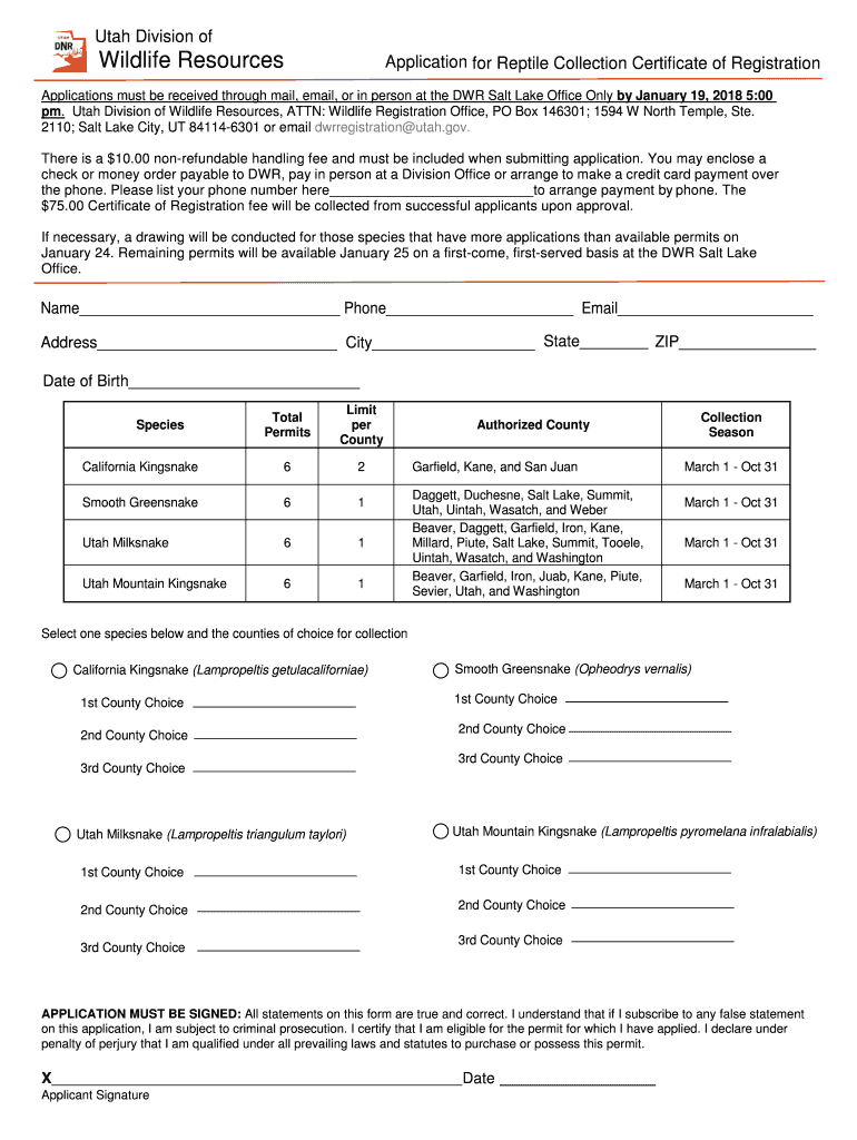 Fillable Online wildlife utah Application for Reptile Collection ...