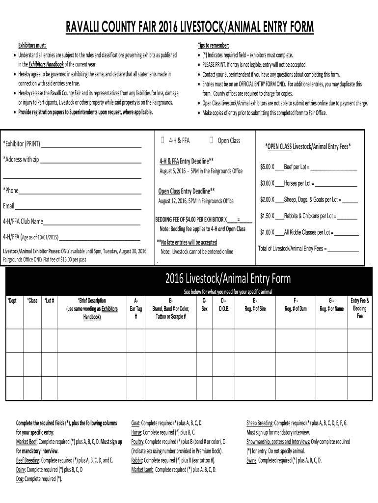 Fillable Online RAVALLI COUNTY FAIR 2016 LIVESTOCK/ANIMAL ENTRY FORM ...